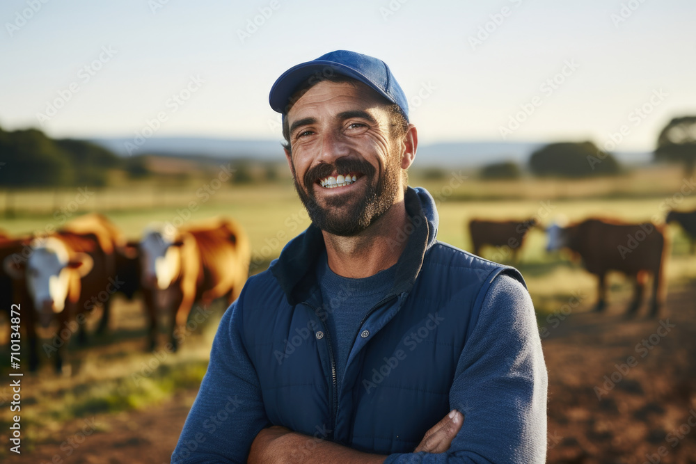 Man standing confidently in front of large herd of cows. This image can ...