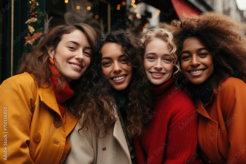 Group of women standing next to each other. Perfect for showing female unity and diversity ...