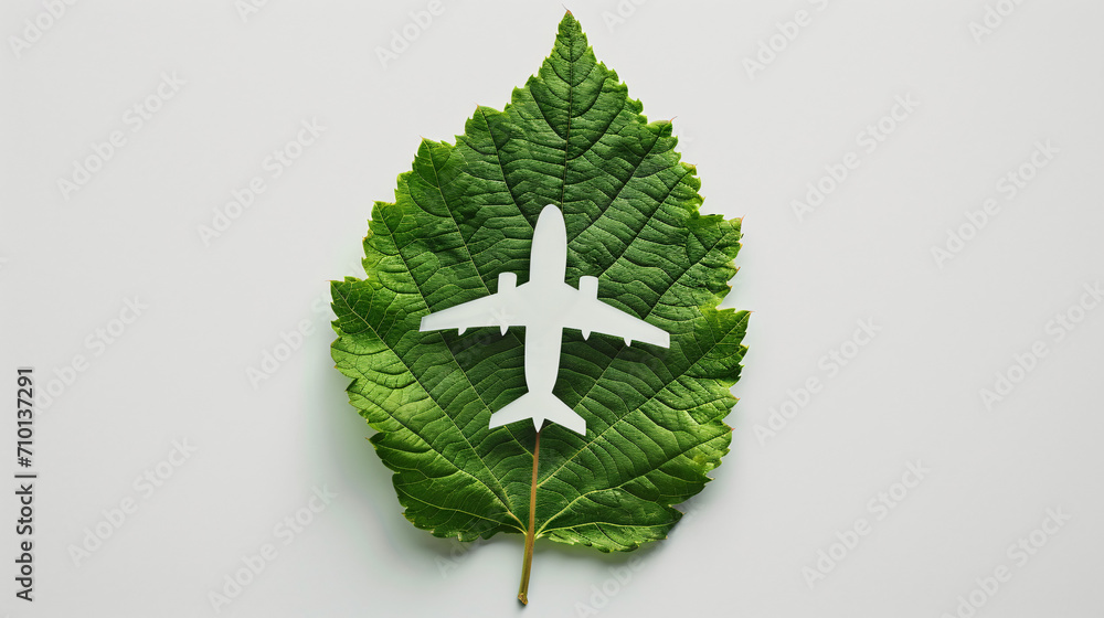 Leaf in which the shape of an airplane is carved. Concept of ...