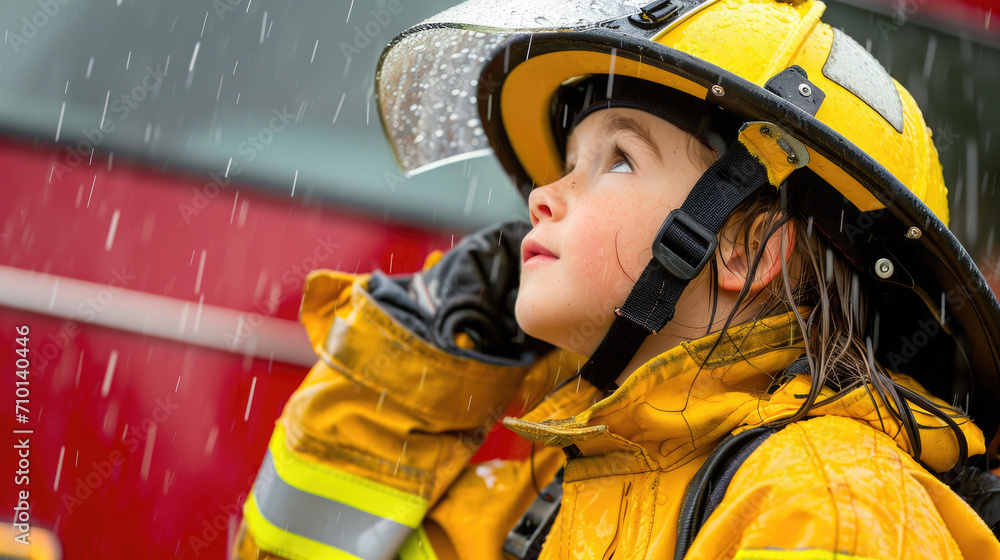 Little girl is pictured wearing fireman's helmet in rain. This image ...