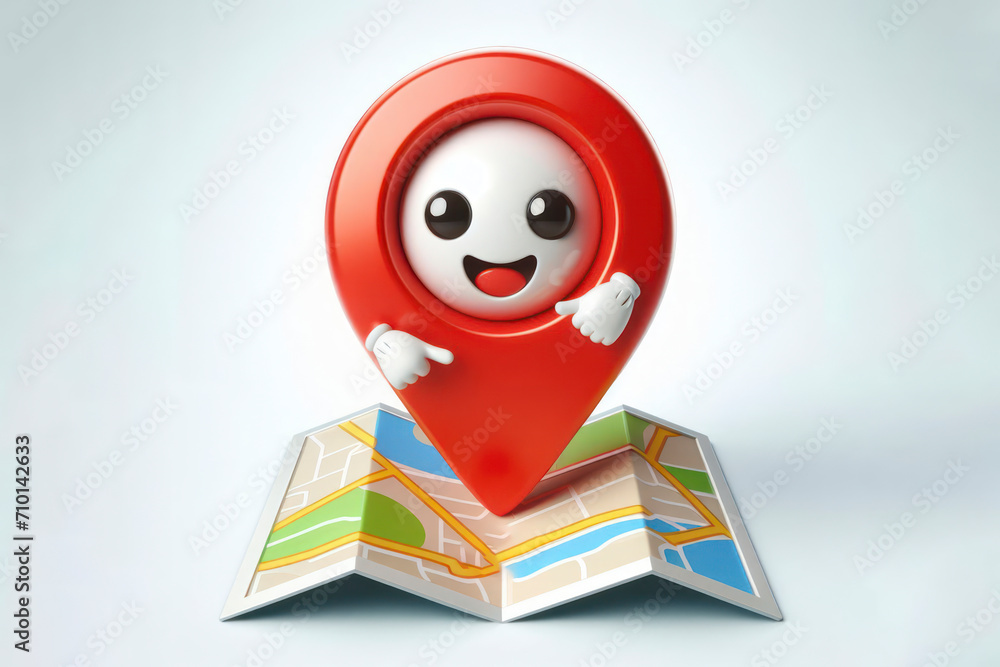 3d red navigation point on map gps character with a smiling face on a ...