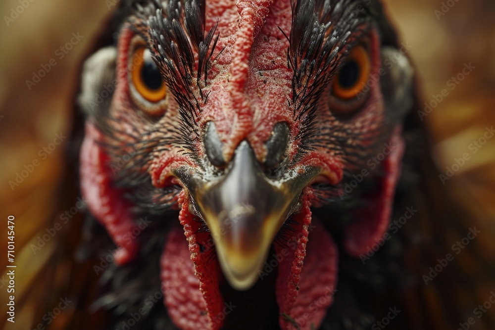 A detailed view of a chicken's head showcasing its vibrant red beak ...