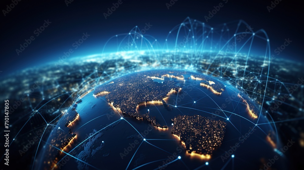 Illuminated network lines and nodes over Earth at night depict global ...