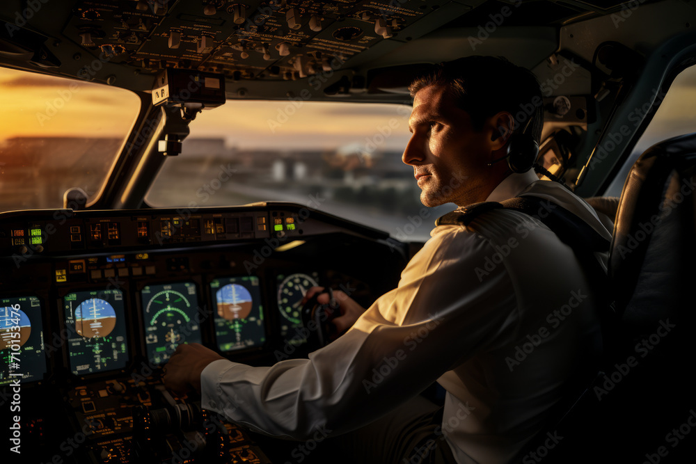 Unwavering Pilot Illuminated by the Glow of the Cockpit Instruments ...