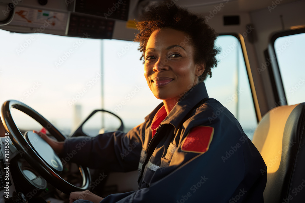 Portrait of a Female Bus Driver: A Strong Woman in Uniform, Behind the ...