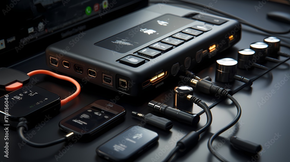 A top view of a USB hub with multiple ports, connected to various ...