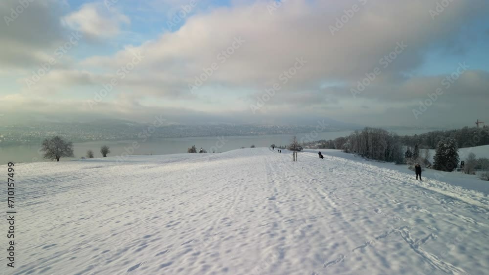Winter Wonderland at Zurich, Aerial Panorama of Snowy Lake Zurich ...
