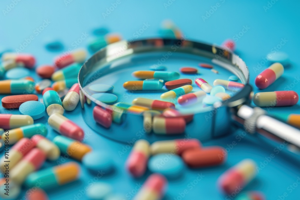 Blue background with magnifying glass and various medicine capsule ...