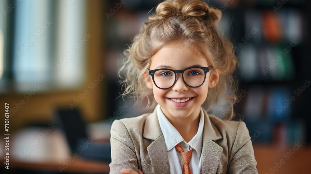 small beautiful girl in a school uniform against the background of a ...