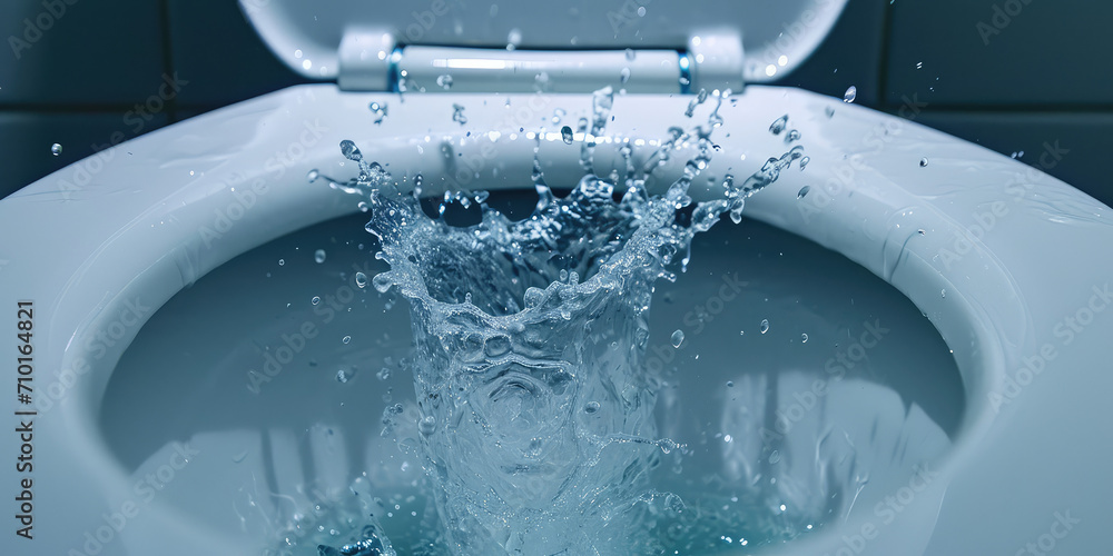 Dynamic Water Splash in white Toilet Bowl. Close-up of a vigorous water ...