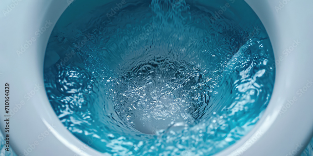 Top view Dynamic Water Splash in Toilet Bowl. Close-up of a vigorous ...