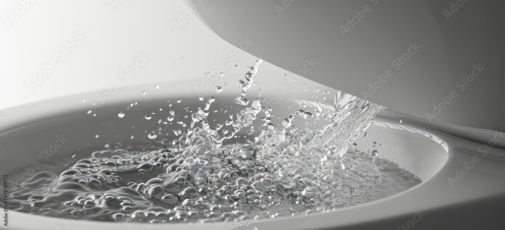 Dynamic Water Splash in white Toilet Bowl. Close-up of a vigorous water ...