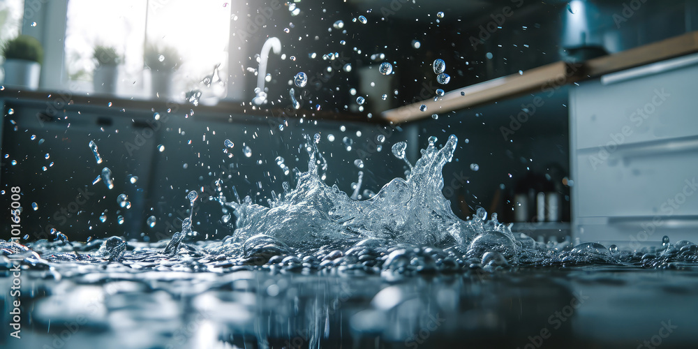 Indoor Flood with Water Splash in kitchen. Water spilling onto a ...