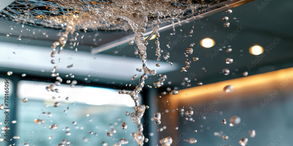 Indoor Flood with Water Splash from ceiling. Water spilling onto a ...