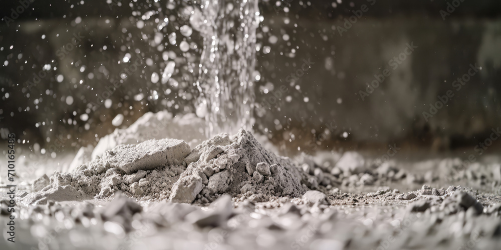 Water Mixing with Cement Powder. A close-up shot of water splashing ...