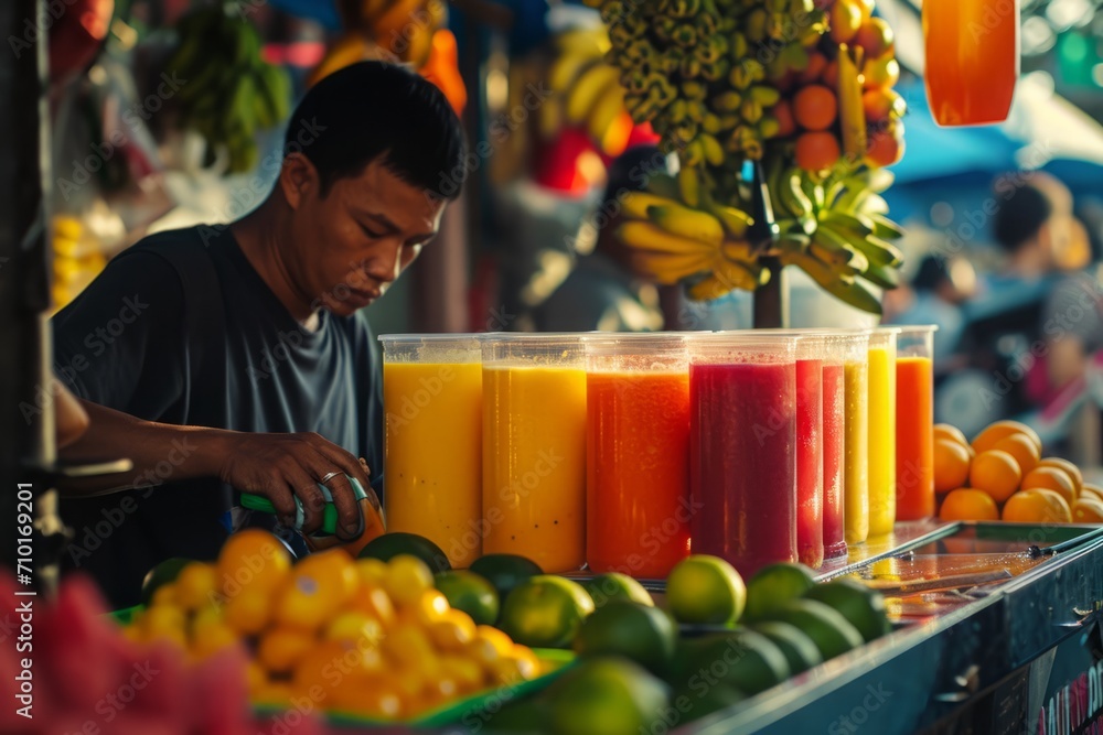 street vendor selling tropical fruit smoothies, blending vibrant fruits ...