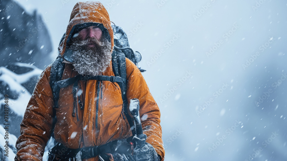 Bearded man climber walks during storm, portrait of hiker with snow on ...