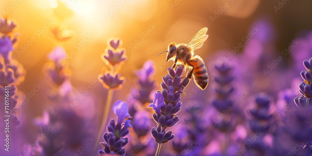 Honey bee pollinating lavender flowers. Plant decay with insects ...