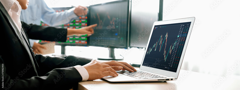 Cropped image of group of expert professional treader discuss about ...