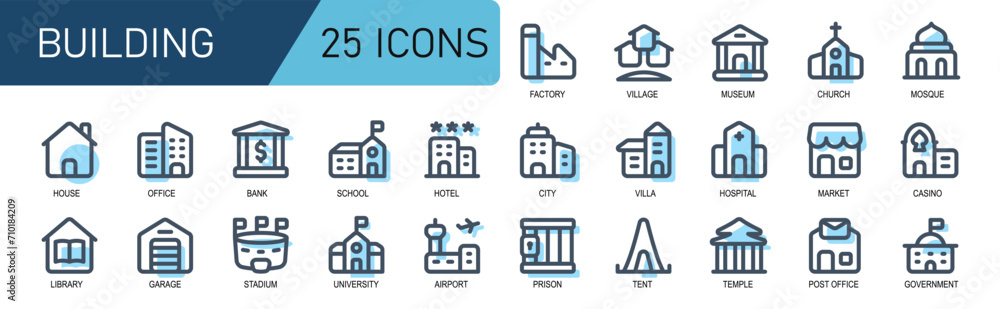 building icon collection.filled line style.contains museum,church ...