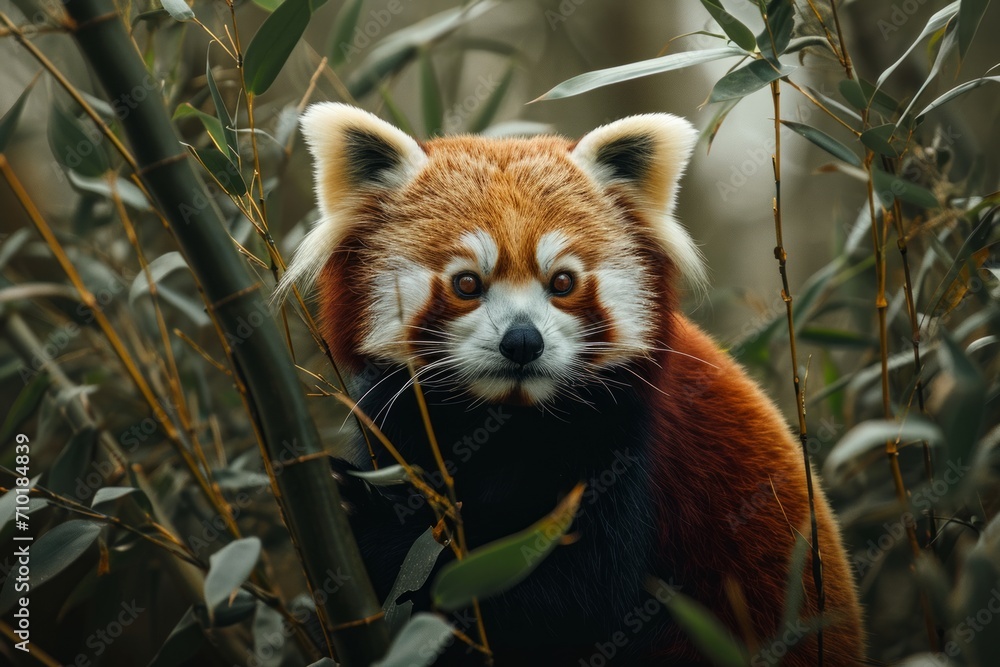 red panda nestled among the branches of a bamboo forest in the ...