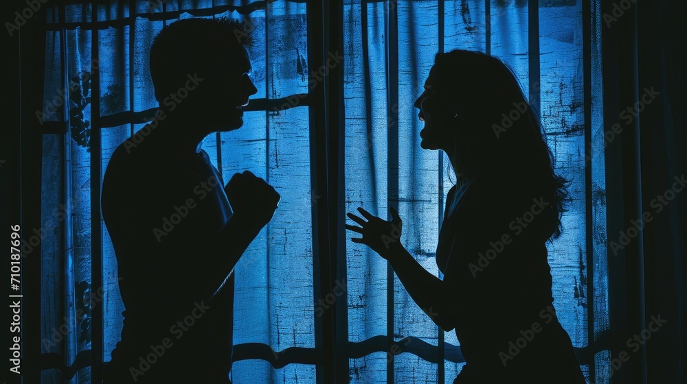 Silhouette of couple fighting each other, arguing and yelling at one ...