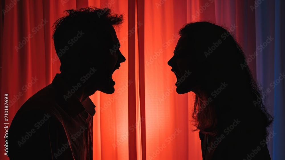 Silhouette of couple fighting each other, arguing and yelling at one ...