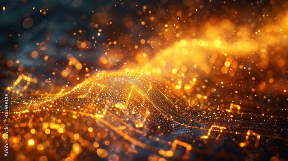 Digital wave of golden music notes, blending technology with classical ...