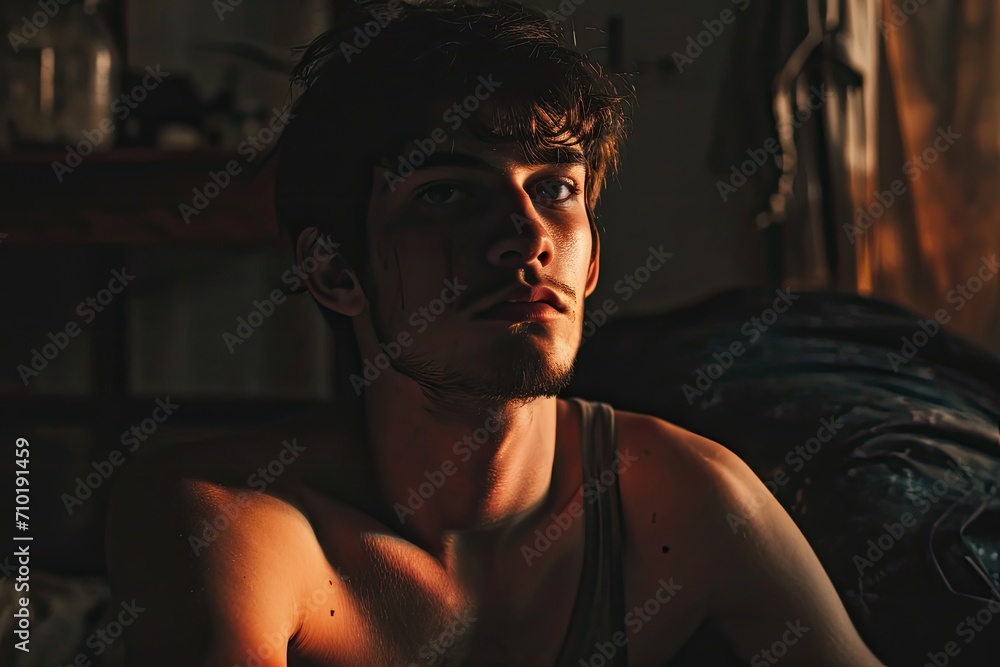 An introspective man gazes into the lens, his face a canvas of raw ...