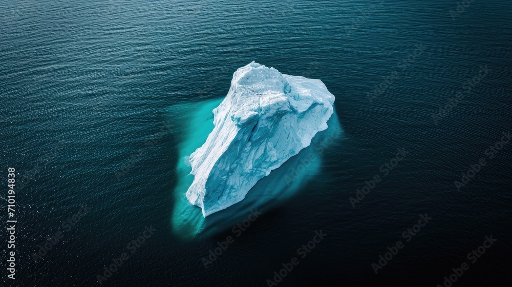 A majestic iceberg stands tall in the crystal blue waters, a symbol of ...