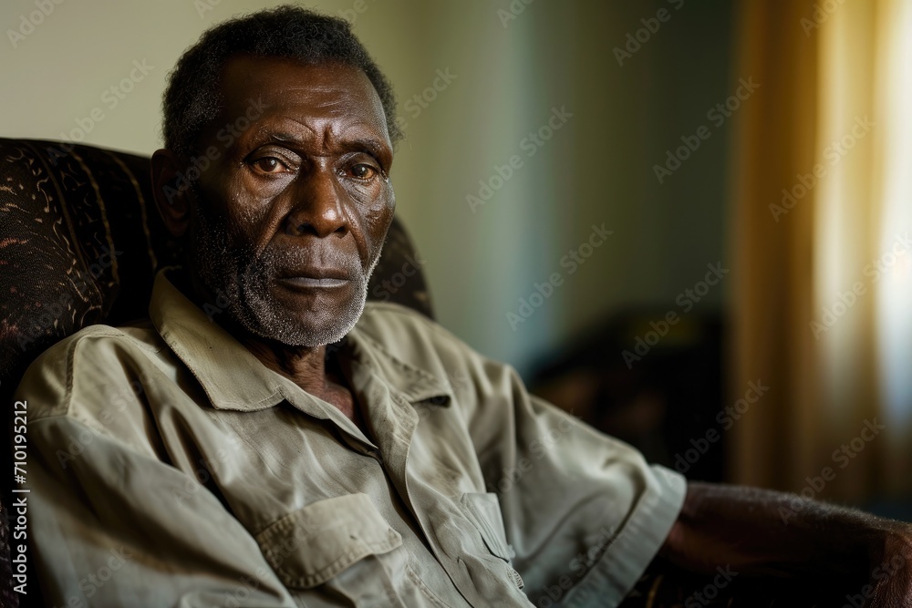 A stoic man with a furrowed brow and distinguished facial hair sits in ...