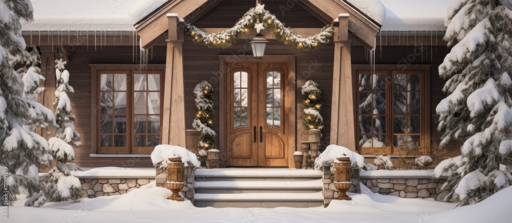 Snow-covered pine trees surrounding a house's wooden front door with a ...