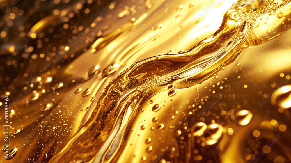 Serum oil with bubbles, motor oil concept background, gold fluid ...