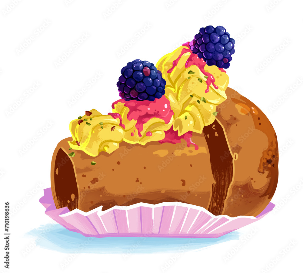 Babà al rum con crema pasticcera, more, glassa rosa, granella di ...