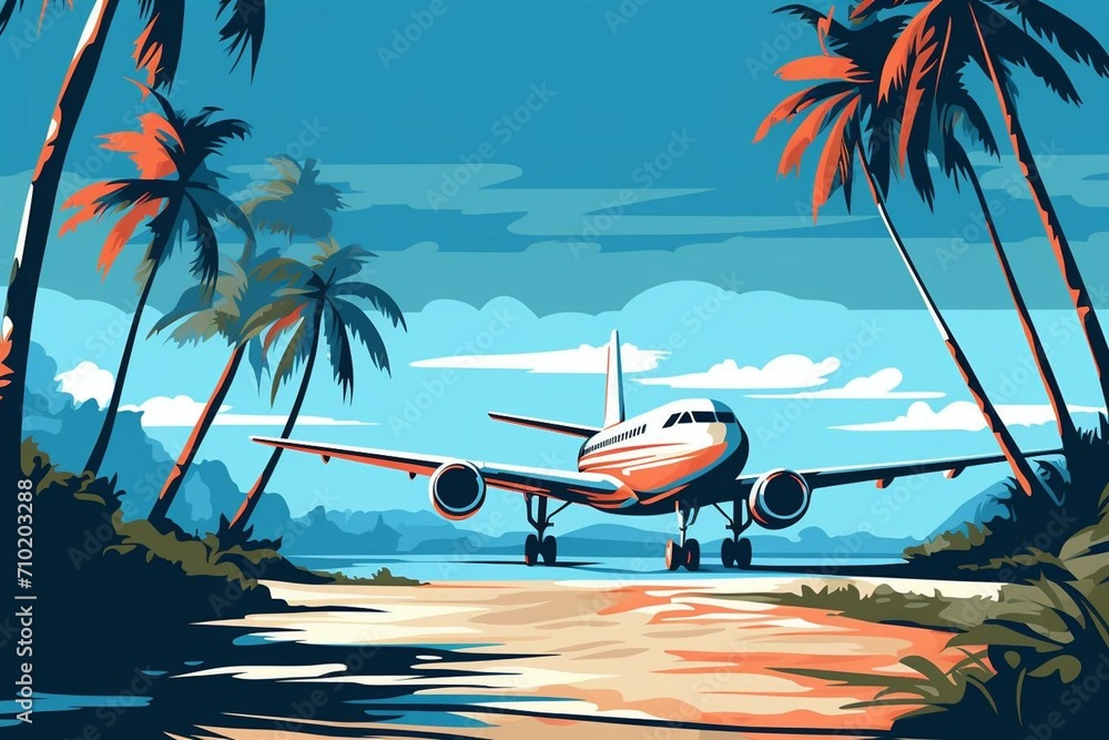 Vectorized illustration of palm trees and an airplane on a beach ...