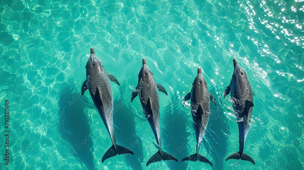 Photo of four dolphins swimming gracefully through turquoise waters. The water is so clear that ...