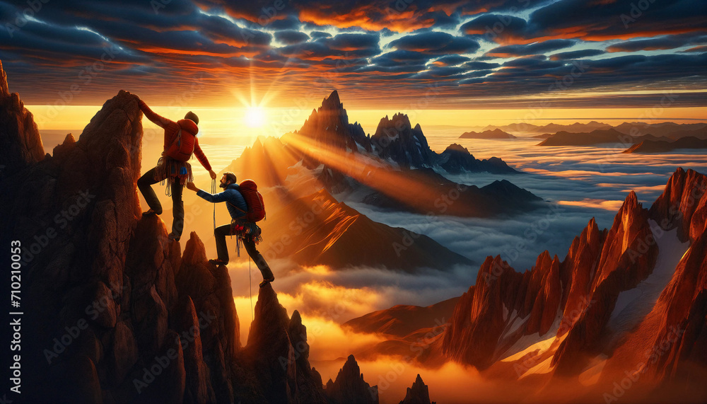 Hiker helping friend reach the mountain top,adventure, climbing, hiker ...