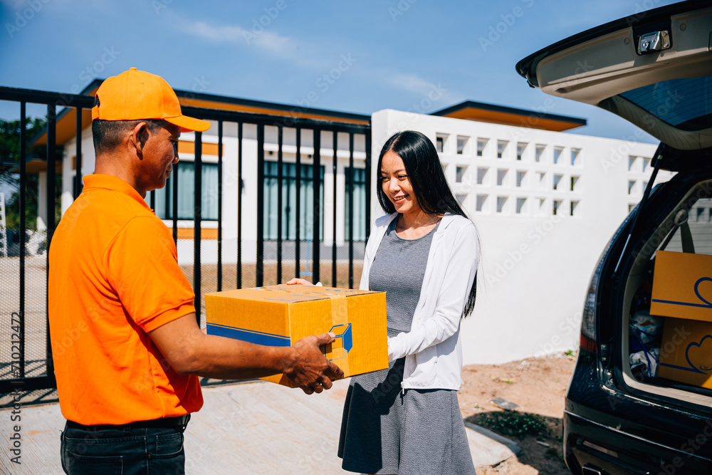 Delivery service concept illustrated as a courier man in uniform hands ...