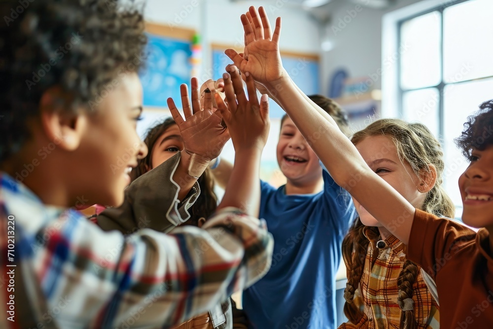 Happy diverse multiethnic kids junior school students group giving high ...