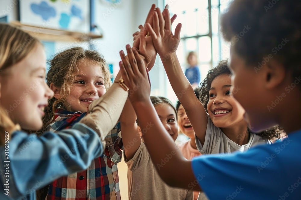 Happy diverse multiethnic kids junior school students group giving high ...