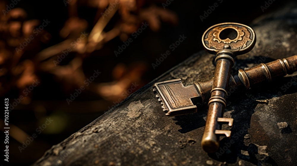 Macro shots of an antique brass key charm, highlighting the rust and ...