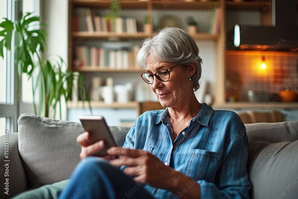 Relaxed mature old 60s woman, older middle aged female customer holding ...