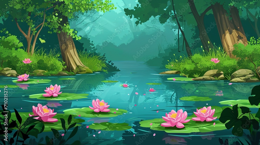 Forest summer landscape with water lilies on lake surface. Cartoon ...
