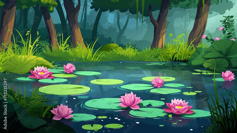 Forest summer landscape with water lilies on lake surface. Cartoon ...