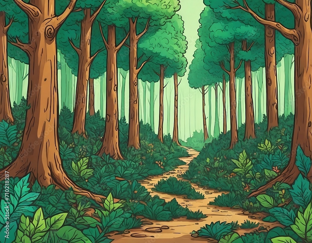 Green lush forest with sunlit path through redwood trees and hiking ...