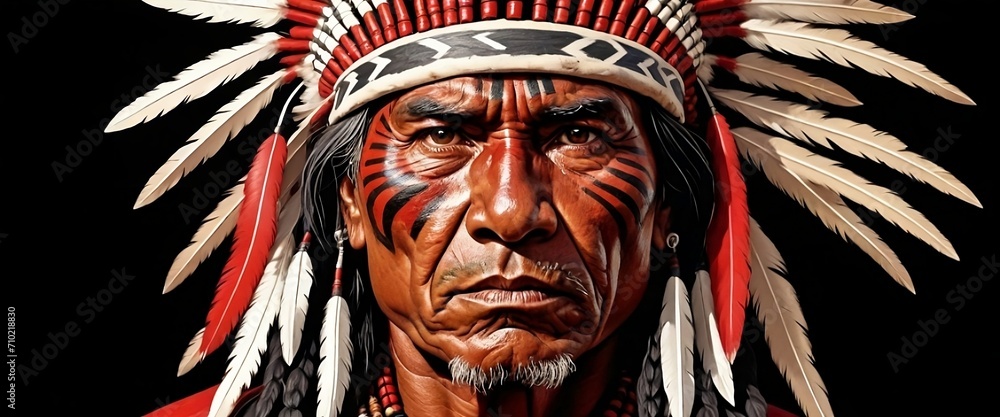 Wide portrait capture of Indigenous people of the Americas, Red Indian ...