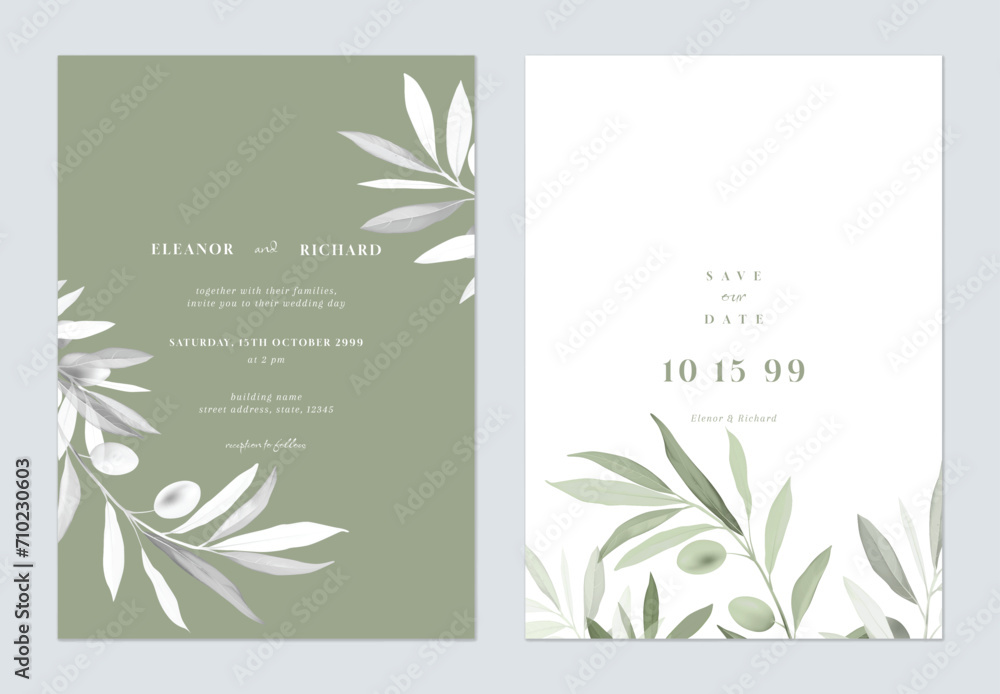 Green minimalist olive leaves wedding invitation Stock Vector | Adobe Stock