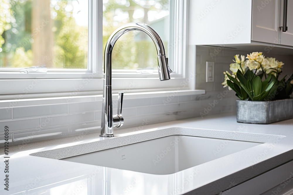 Zoomed-in view of a white kitchen sink featuring a sleek silver faucet ...