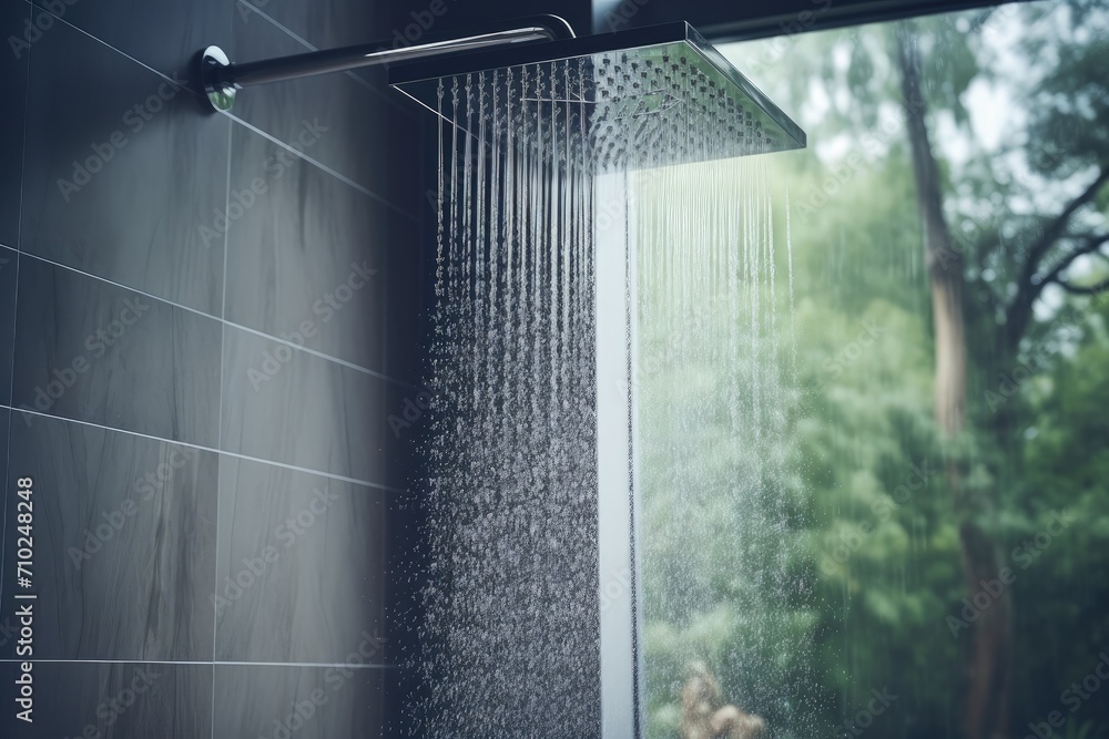 Water droplets splashing behind a wet glass window Shower and faucet ...