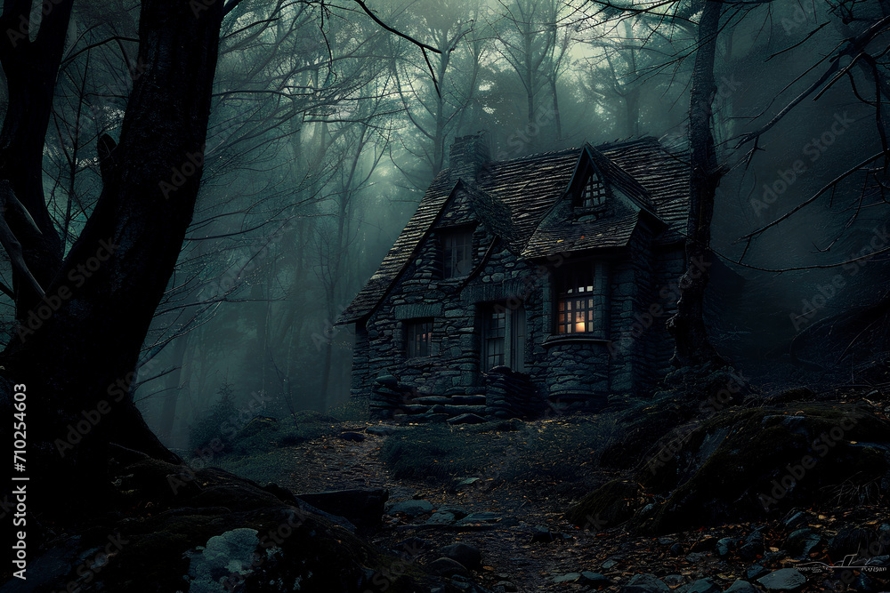 A foreboding gray house stands amidst the darkness of a dense, eerie ...